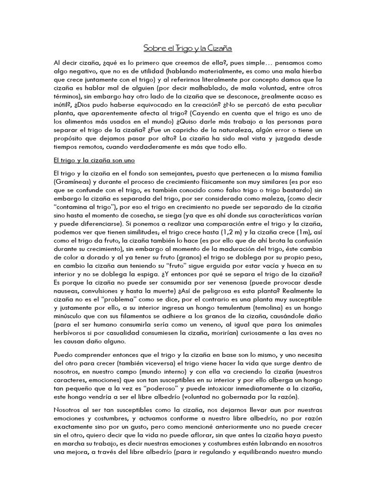 Trigo y Cizaña: Simbiosis y Significado | PDF | Libre albedrío | Trigo