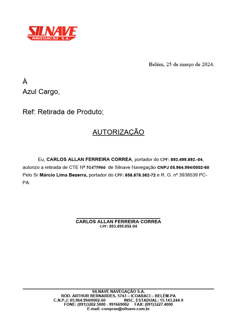 Autorização de Retirada Azul Carga | PDF Autorização de Retirada Azul Carga | PDF