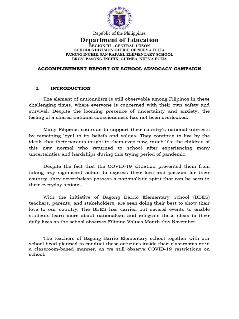 Accomplishment Report On School Advocacy Campaign | PDF | Philippines