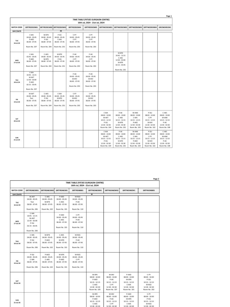 FIITJEE Gurgaon Centre Timetable 2024 | PDF