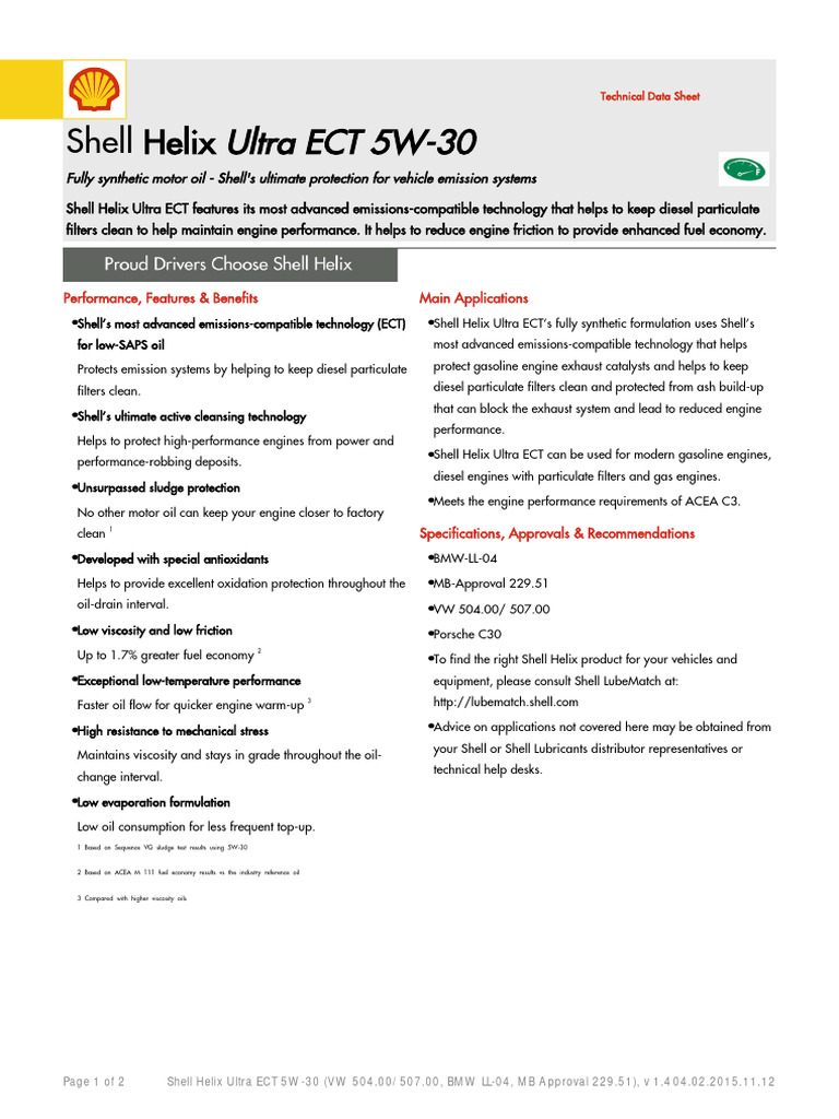 Gpcdoc Gtds Shell Helix Ultra Ect 5w-30 (VW 504-00-507 00 BMW Ll-04 MB ...