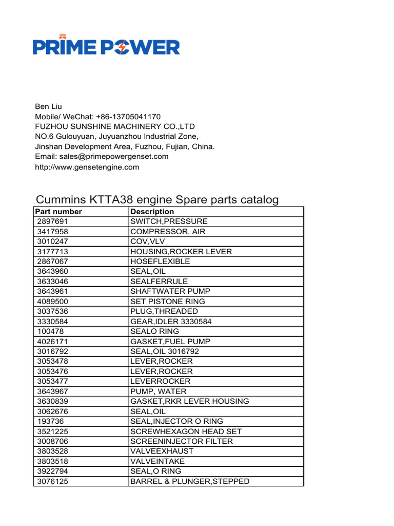 Cummins KTTA38 Engine Spare Parts Catalog: Part Number Description ...