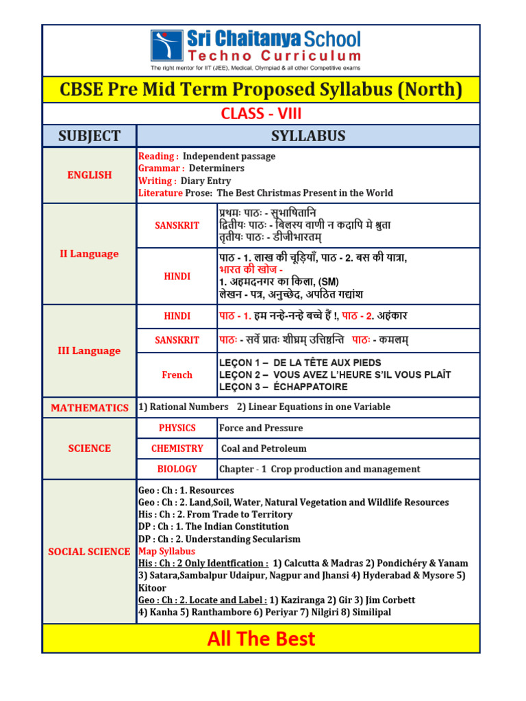 CBSE Class VIII Pre Mid Term Proposed Syllabus (North) | PDF | Language ...