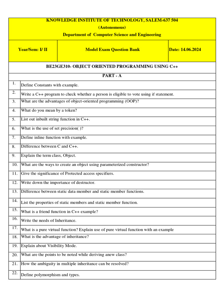OOP - Model Exam Question Bank | PDF | C++ | Method (Computer Programming) OOP - Model Exam Question Bank | PDF | C++ | Method (Computer Programming)