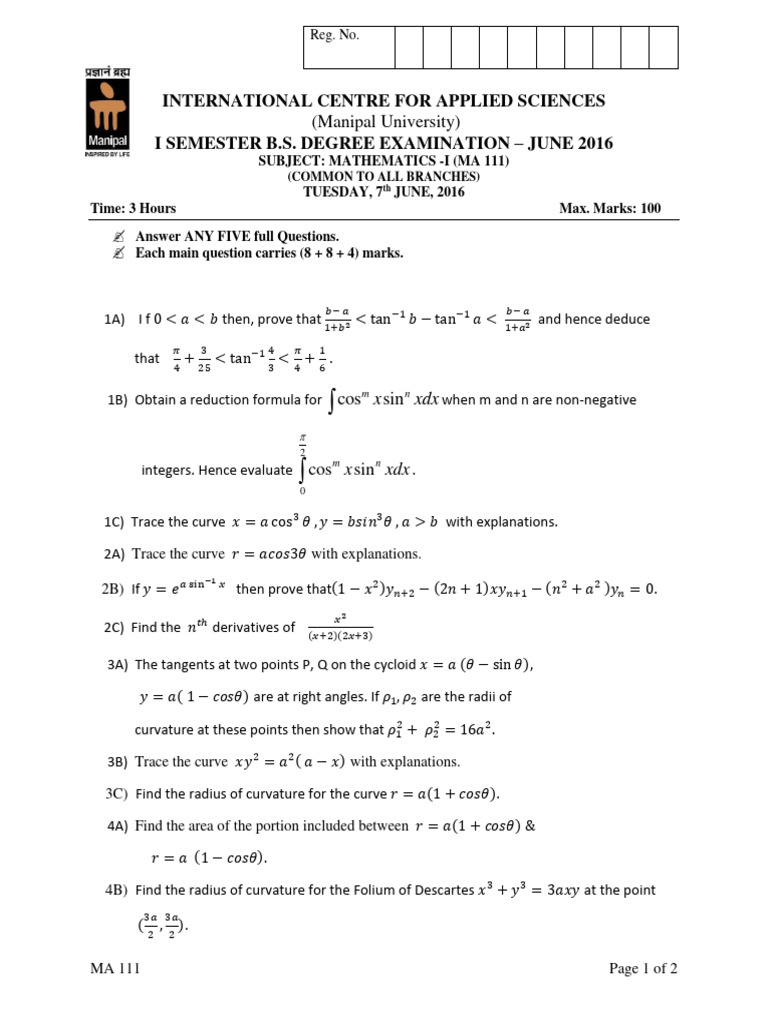 Mathematics-I (MA-111) (Common To All) | PDF | Curvature | Circle