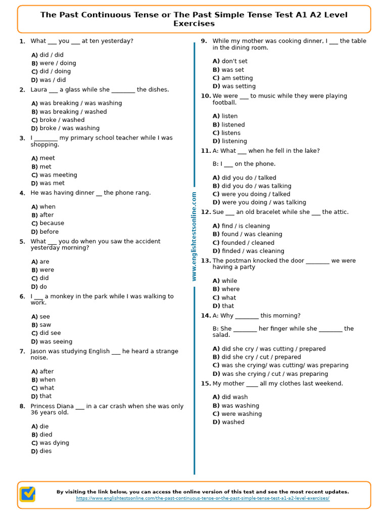 437 - The Past Continuous Tense or The Past Simple Tense Test A1 A2 ...