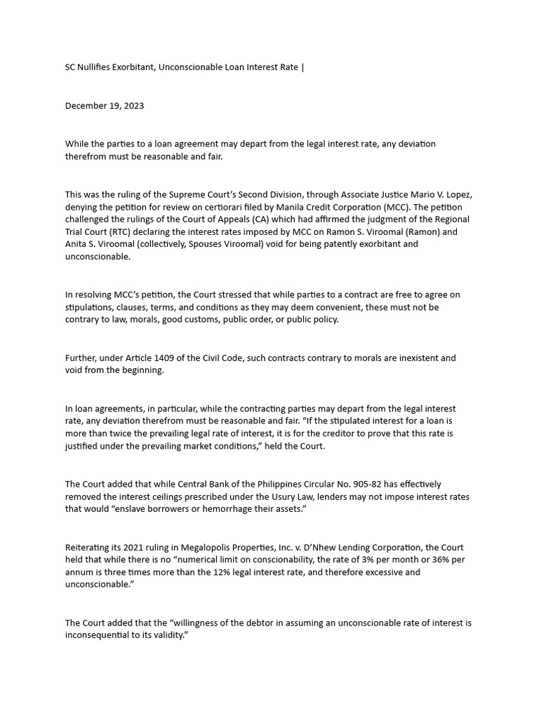 SC Nullifies Exorbitant, Unconscionable Loan Interest Rate | PDF ...