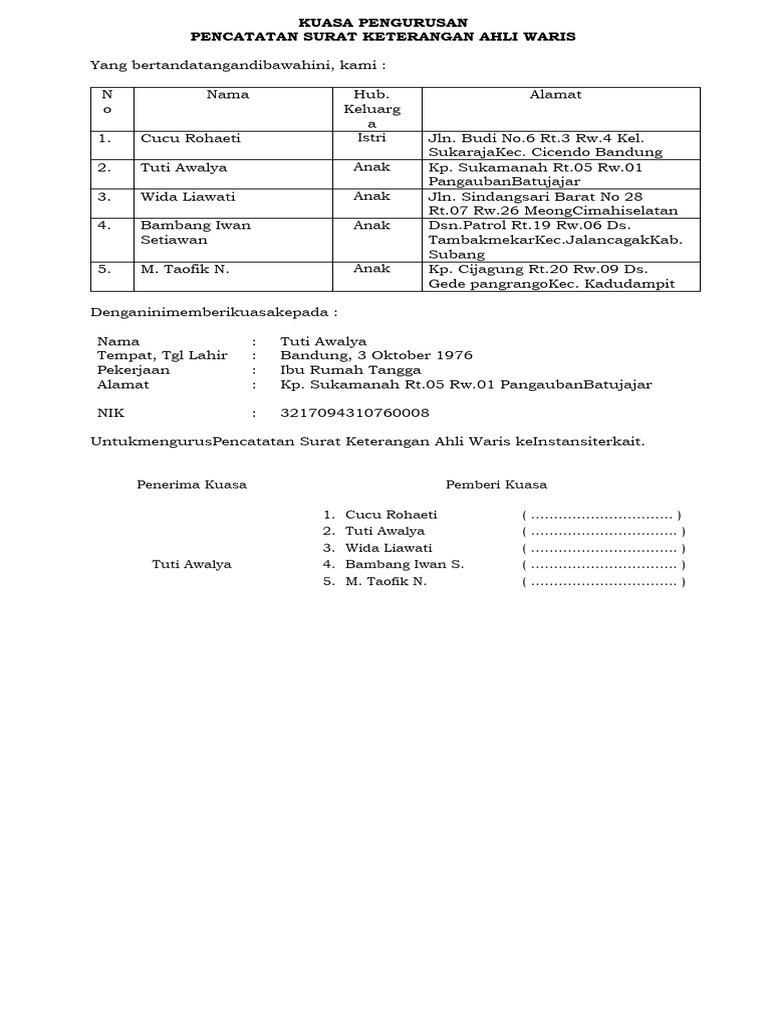 Contoh Ahli Waris Dari Bapak 2024 | PDF