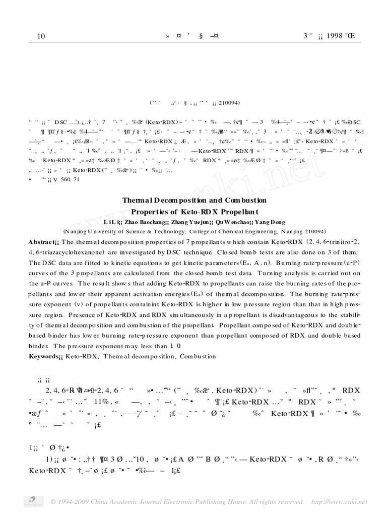 Thermal Decomposition and Combustion Properties of Keto-RDX Propellant ...