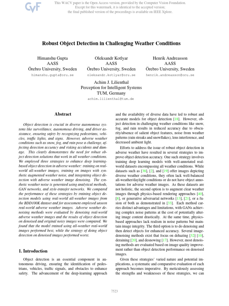 Gupta Robust Object Detection in Challenging Weather Conditions WACV 2024 Paper | PDF | Snow ...