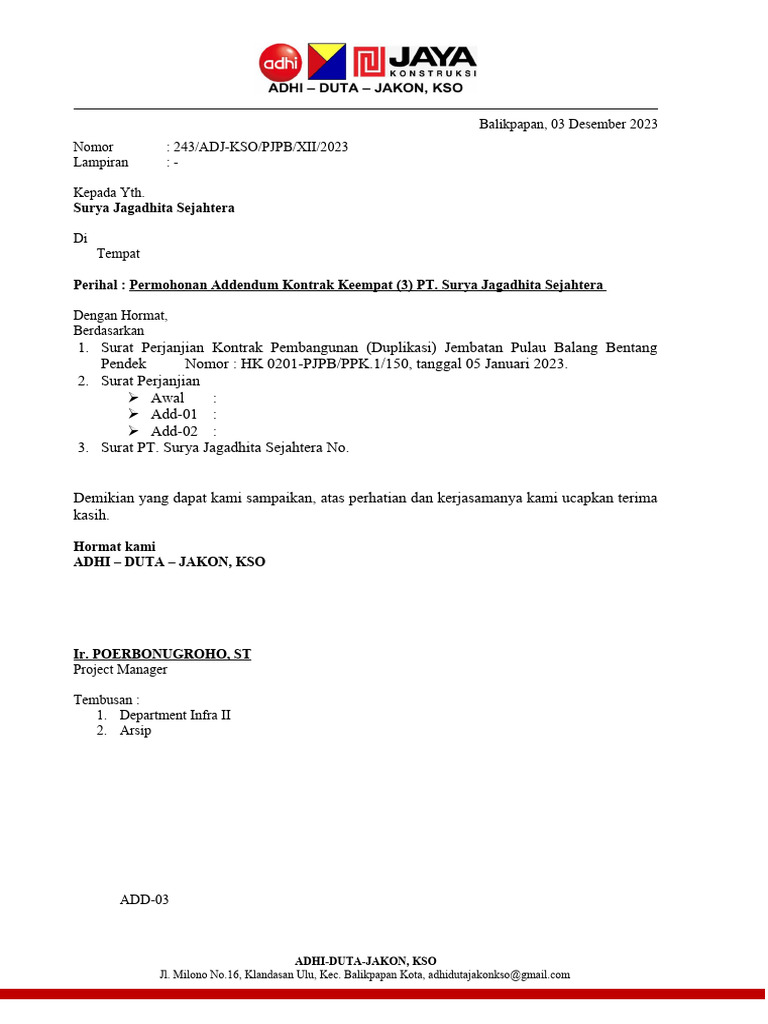 Surat Permohonan Add-4 PT. SJS | PDF