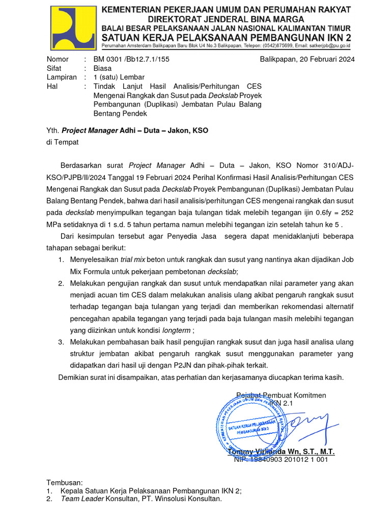 Surat Tindak Lanjut Hasil AnalisisPerhitungan CES Mengenai Rangkak Dan ...