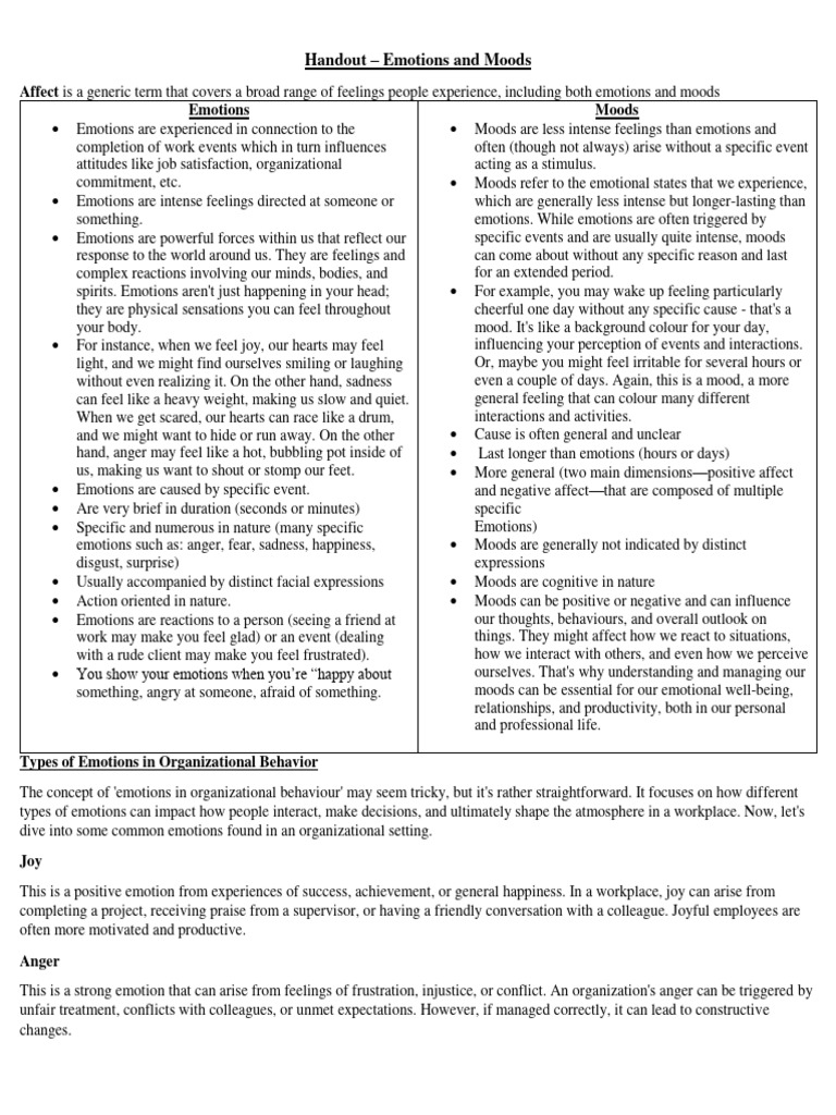 Handout - Emotions and Moods | PDF | Emotions | Rationality