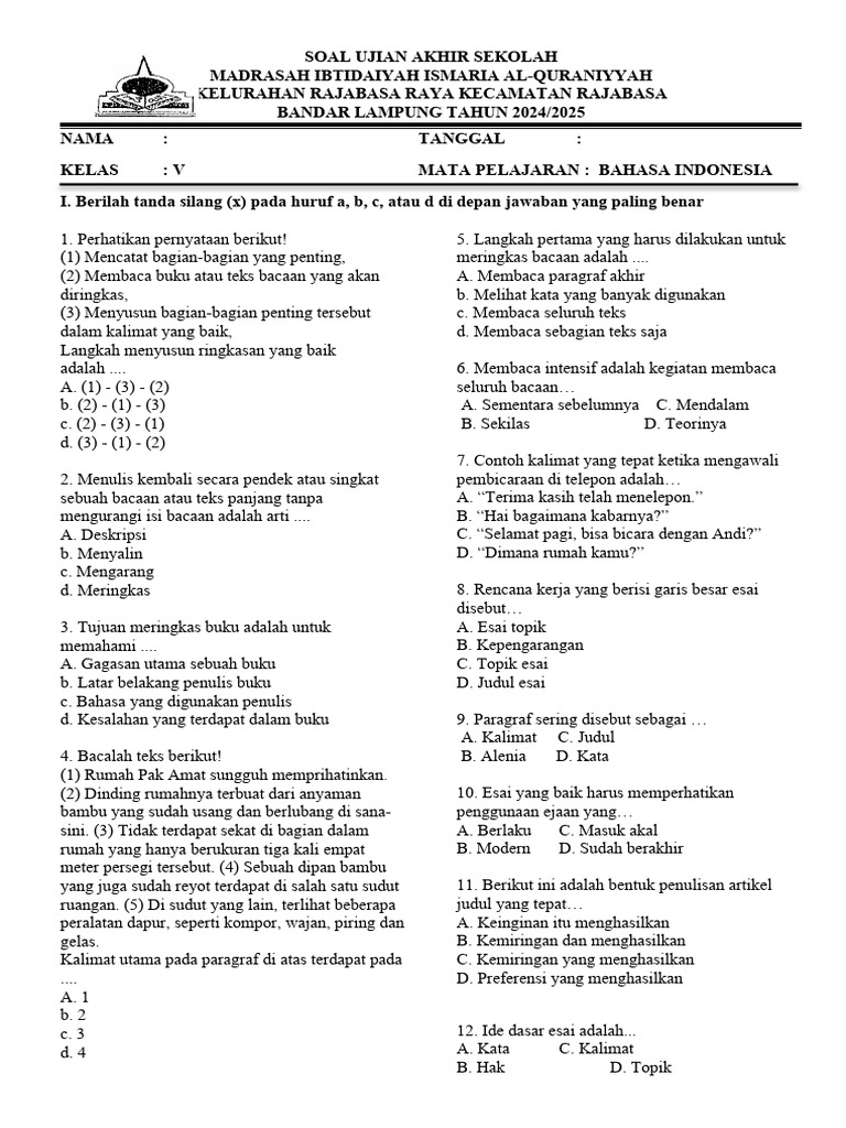 Soal Ujian Akhir Sekolah 2024 | PDF