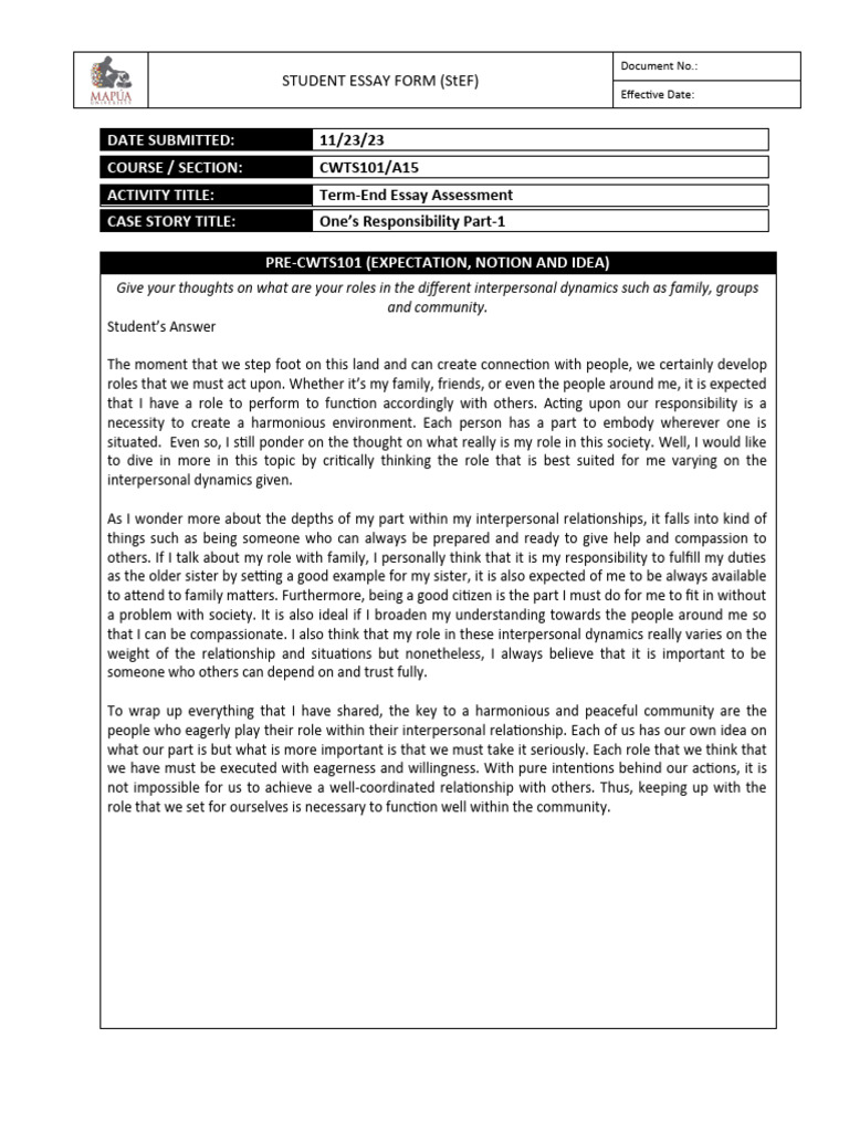Form - CWTS101 Term End Essay Assessment Part 1 - Essay On One's ...