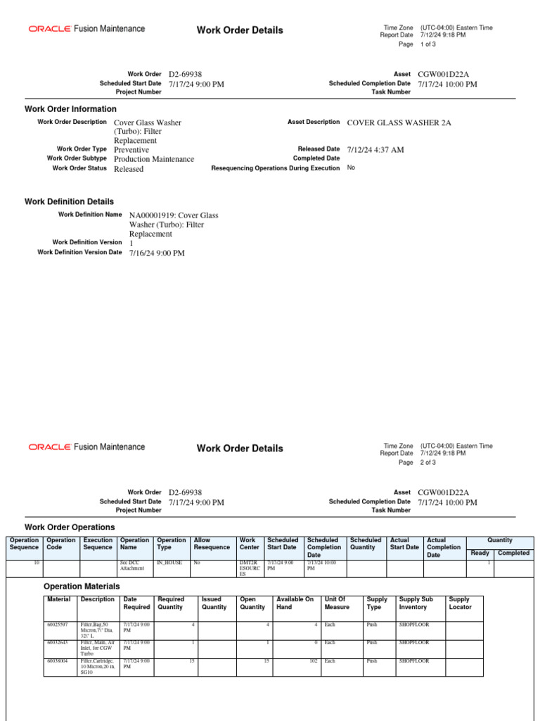 Work Order Details - D2-69938 | PDF