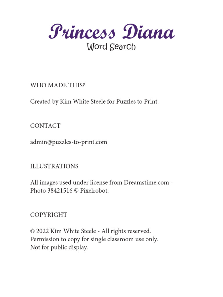 Princess Diana Word Search | PDF | Word Search | Monopoly (Economics)