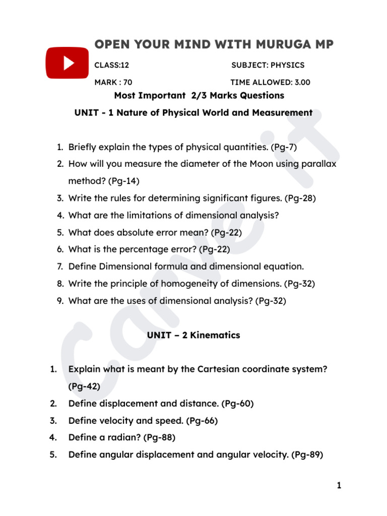Volume 1 Top Most 2 - 3 Marks Class 11 | PDF | Torque | Acceleration