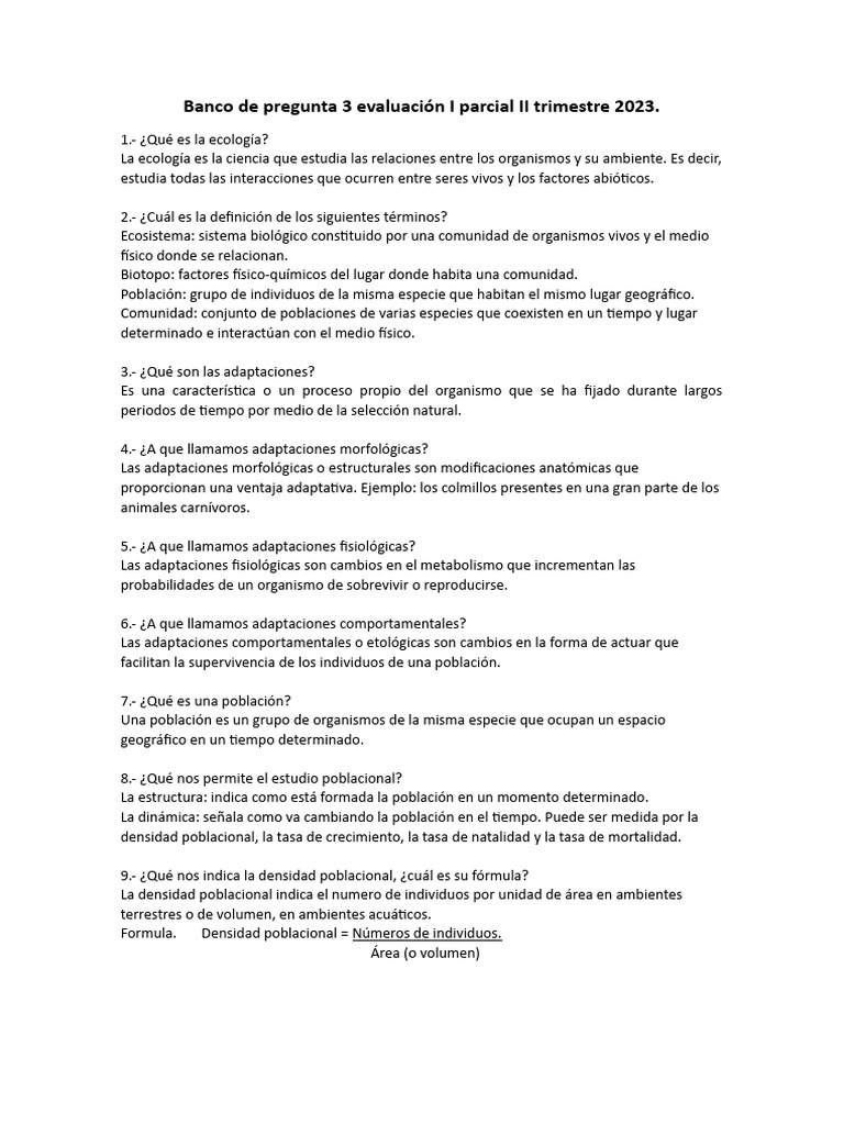 Banco de pregunta 3 evaluación I parcial II trimestre 2023 | PDF | Población | Ecología