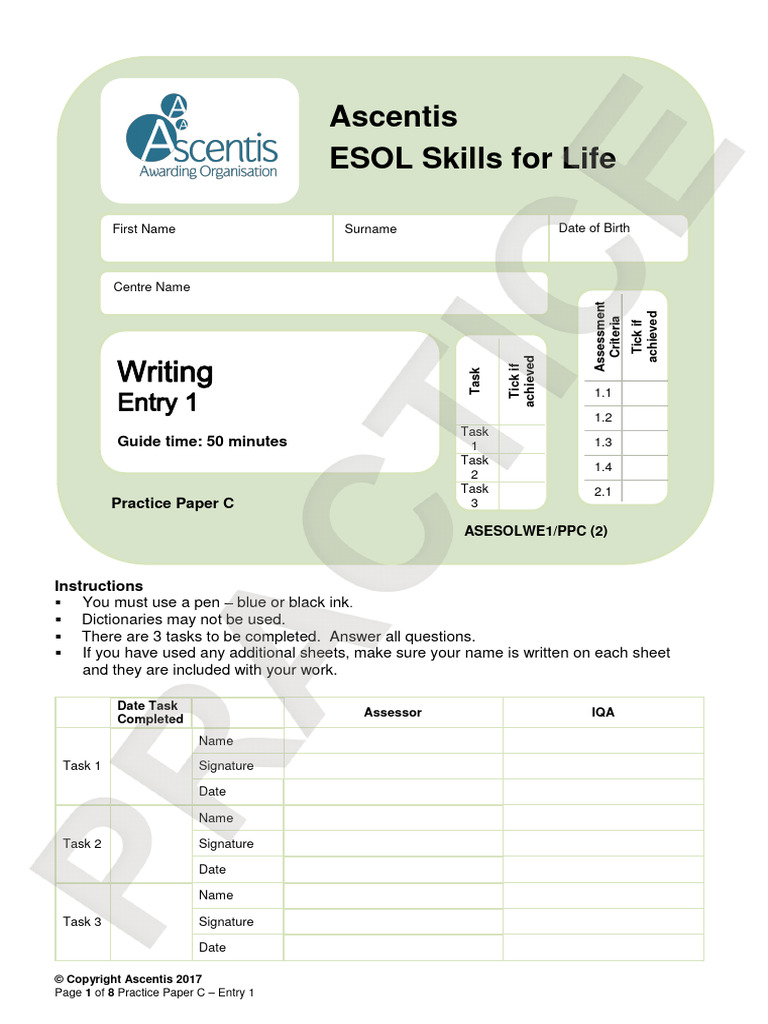 E1 ESOL Writing Candidate Paper PPC | PDF