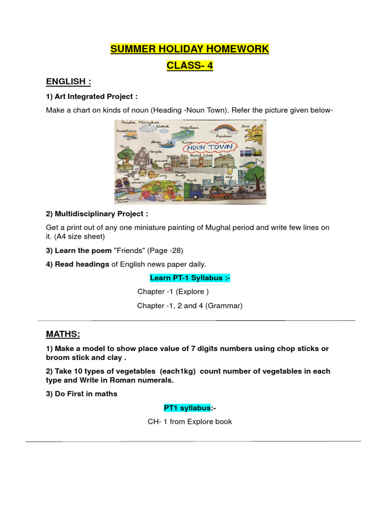 Class 4, Summer Holiday Homework | PDF