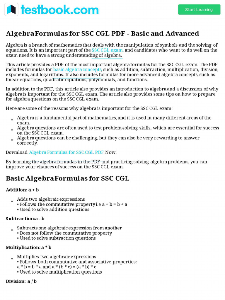 Algebra Formulas for SSC CGL PDF - Basic and Advanced | PDF