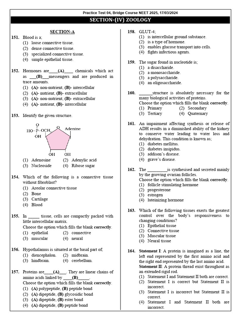 Practice Test 04 - Zoology Test Paper - Bridge Course NEET 2025 | PDF ...