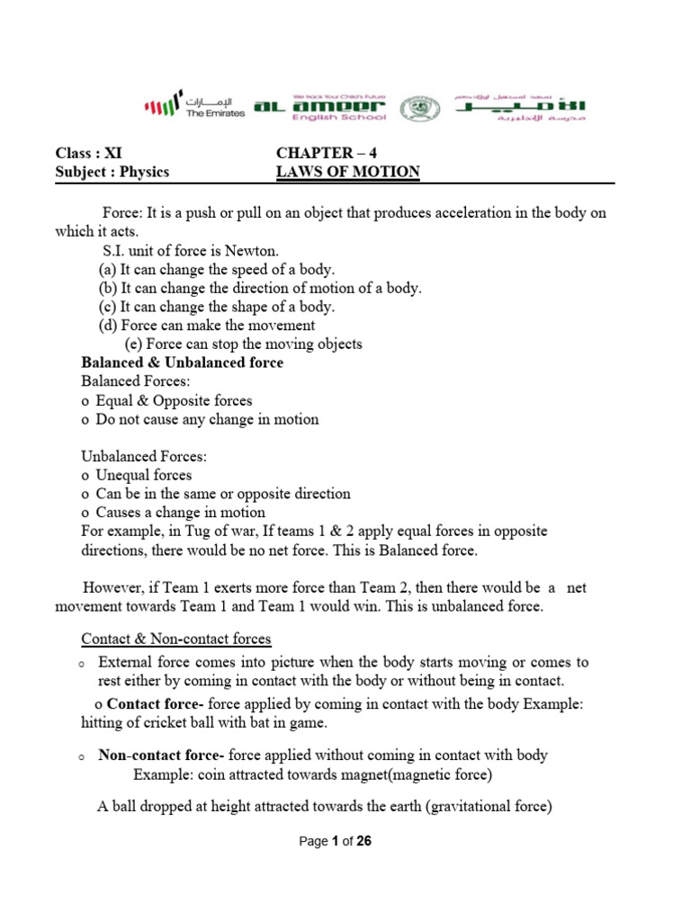 Laws of Motion Notes for Class 11 | PDF | Force | Friction