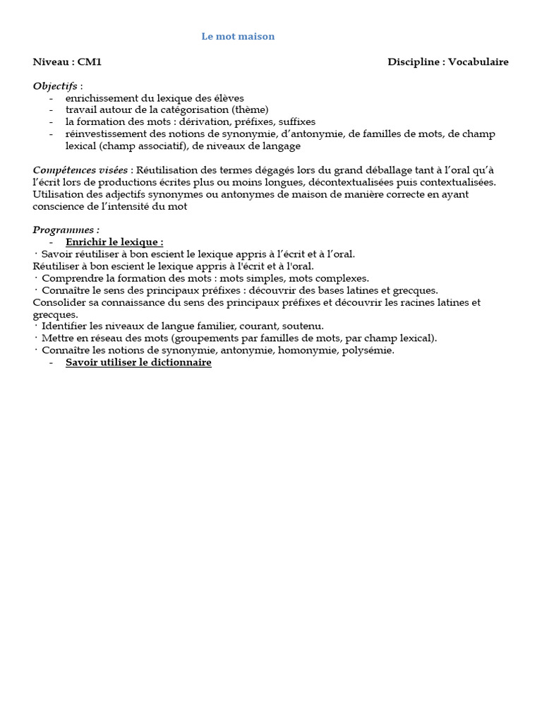 Synonymes du mot "maison" en classe | PDF | Lexique | Sujet (Grammaire)
