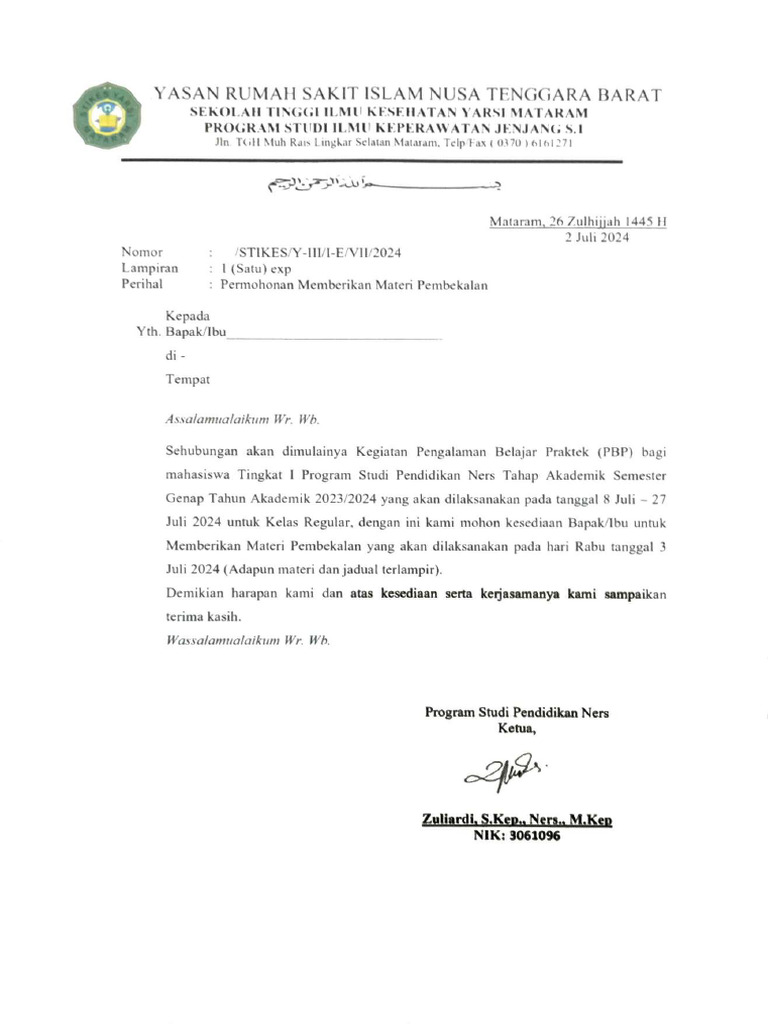 Surat Dan Jadwal Pembekalan PBP TK I | PDF