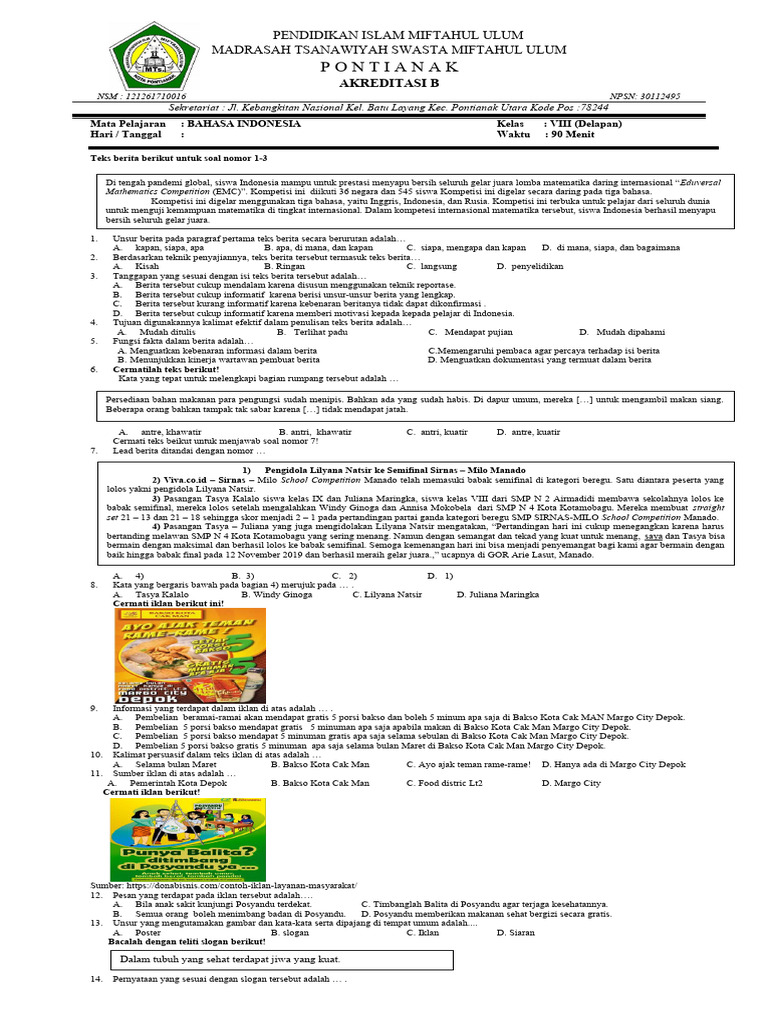 Soal B.indonesia Kelas 8 Ganjil | PDF | Perjalanan