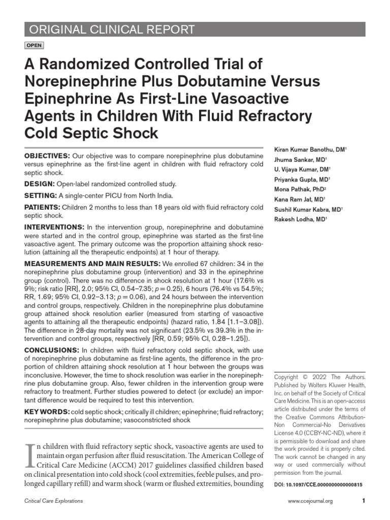 A Randomized Controlled Trial of Norepinephrine Plus Dobutamine Versus Epinephrine | PDF | Shock ...