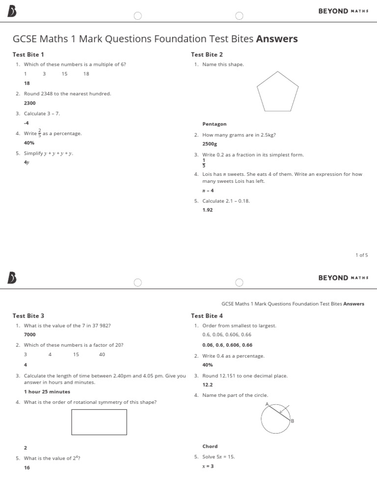GCSE Maths 1 Mark Questions - Foundation Test Bites (Full) Answers ...