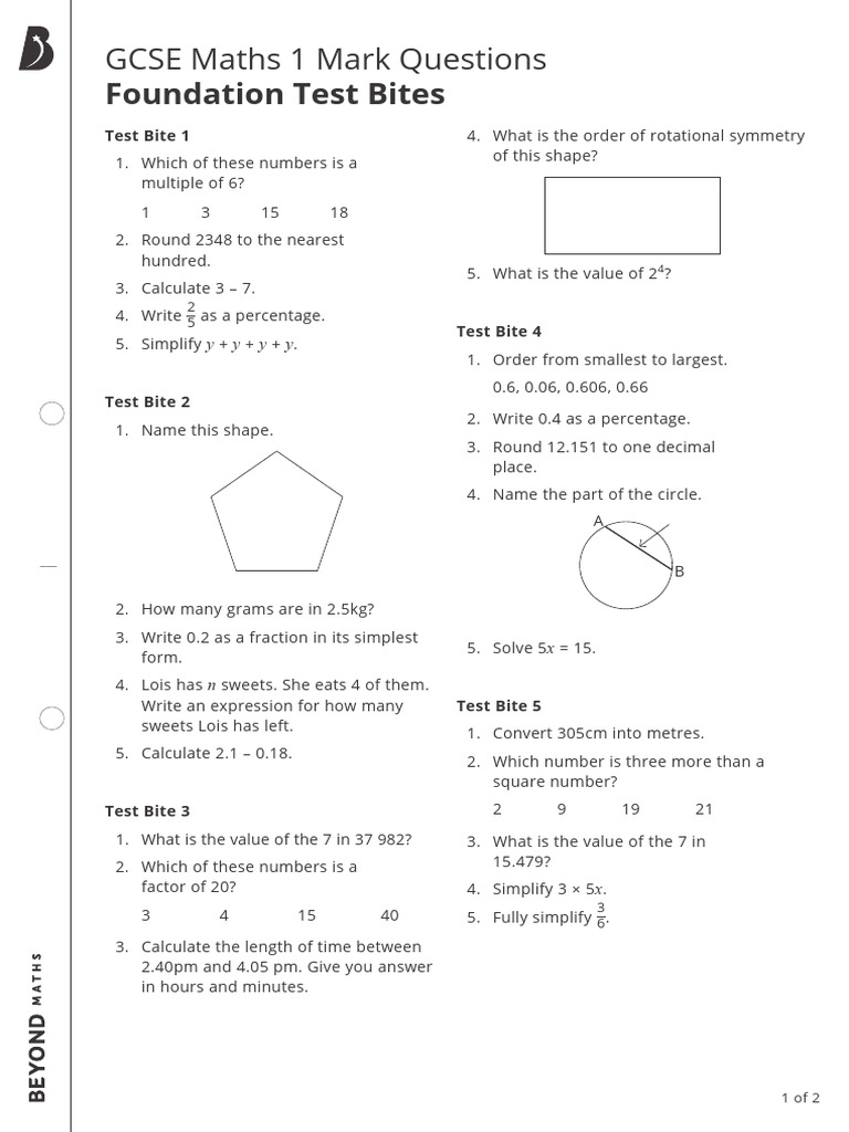 GCSE Maths 1 Mark Questions - Foundation Test Bites (Full) | Download ...