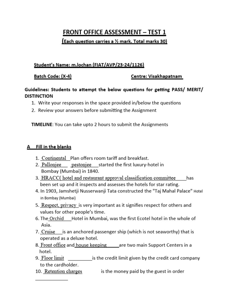 Front Office Assessment Test 1 | PDF | Payments | Hotel