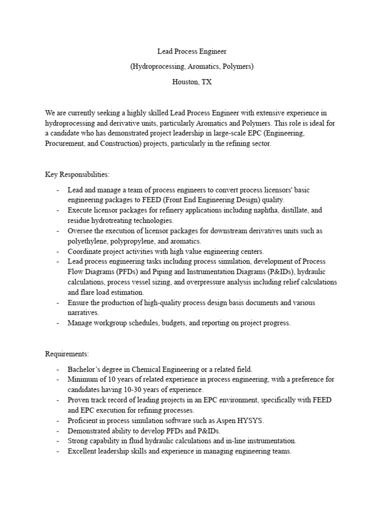Lead Process Engineer - IS&T | PDF | Oil Refinery | Process Engineering