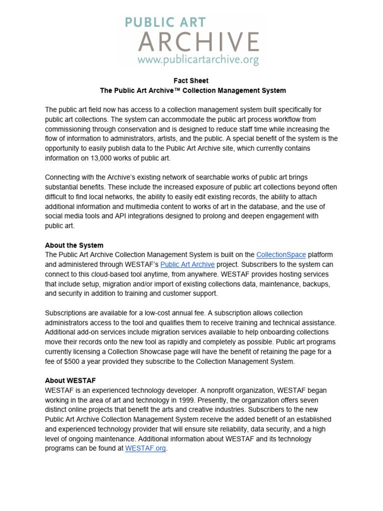 March+2019 Fact+Sheet +Public+Art+Archive+collection+management+system+ ...