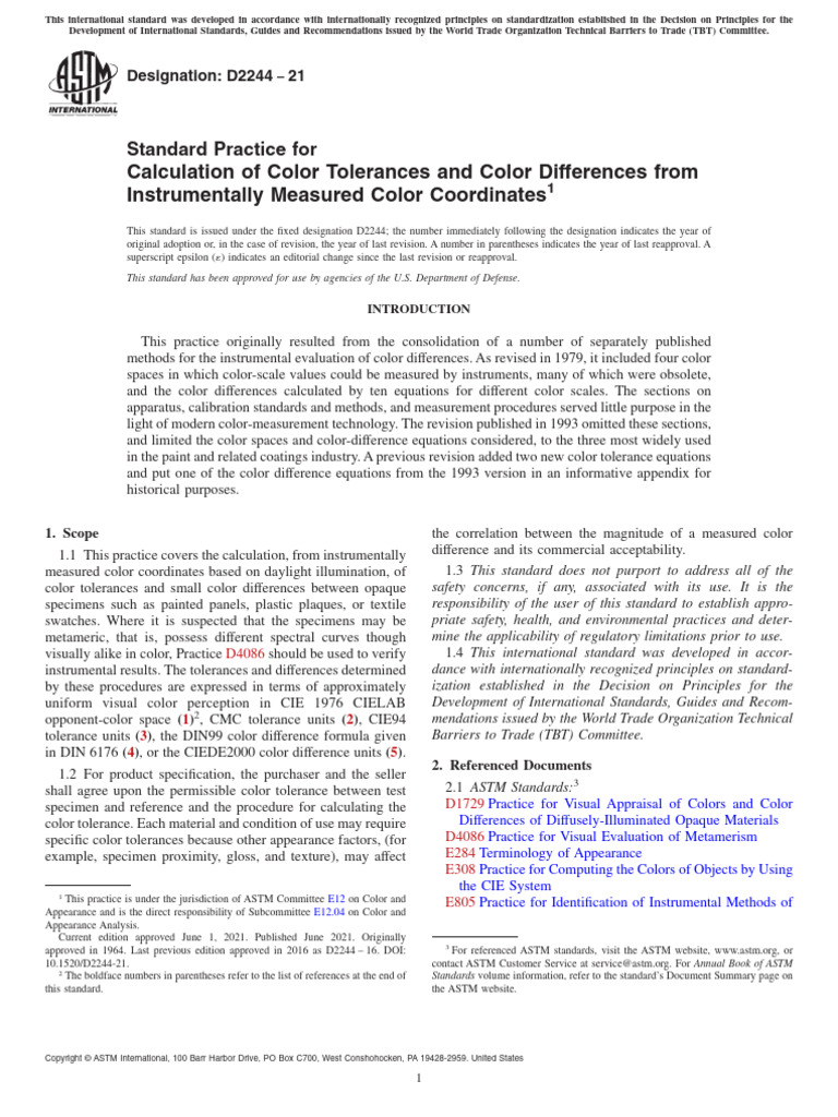 ASTM D2244 Standard Practice For Calculation of Color Tolerances and ...