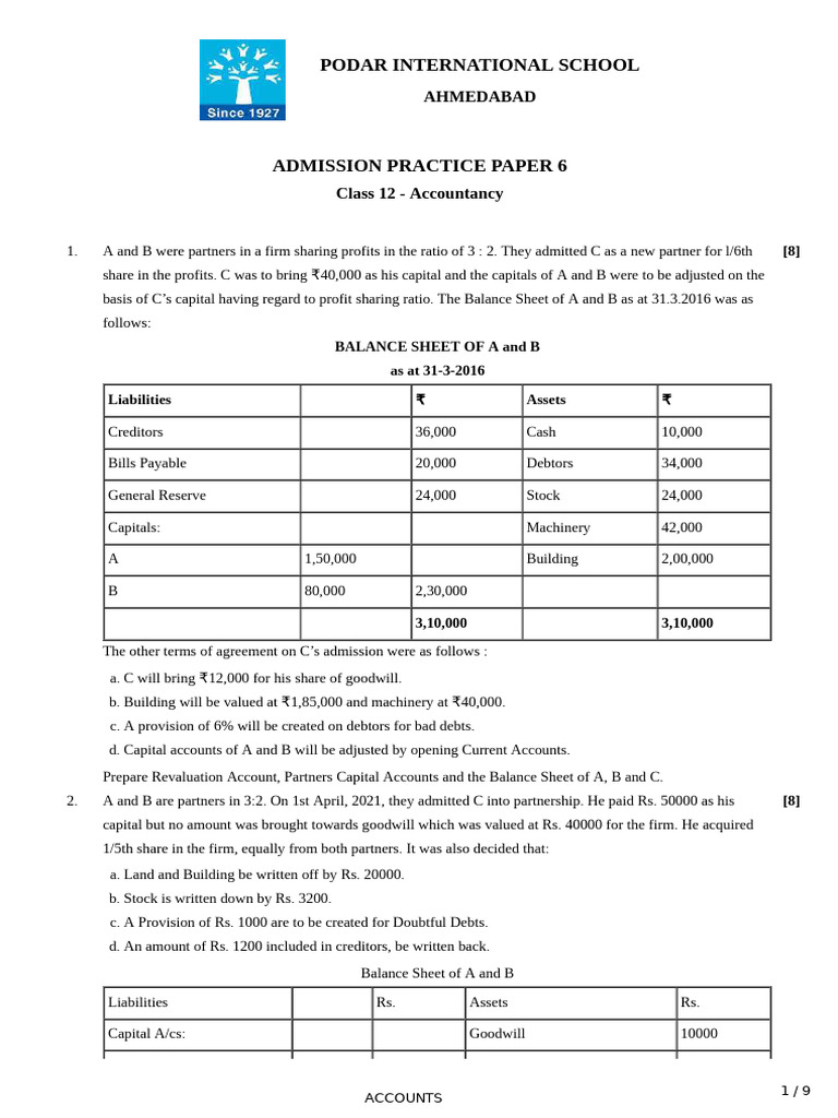 Practice Paper 6 Long Sums 8 Mks Admission | PDF | Balance Sheet | Goodwill (Accounting)