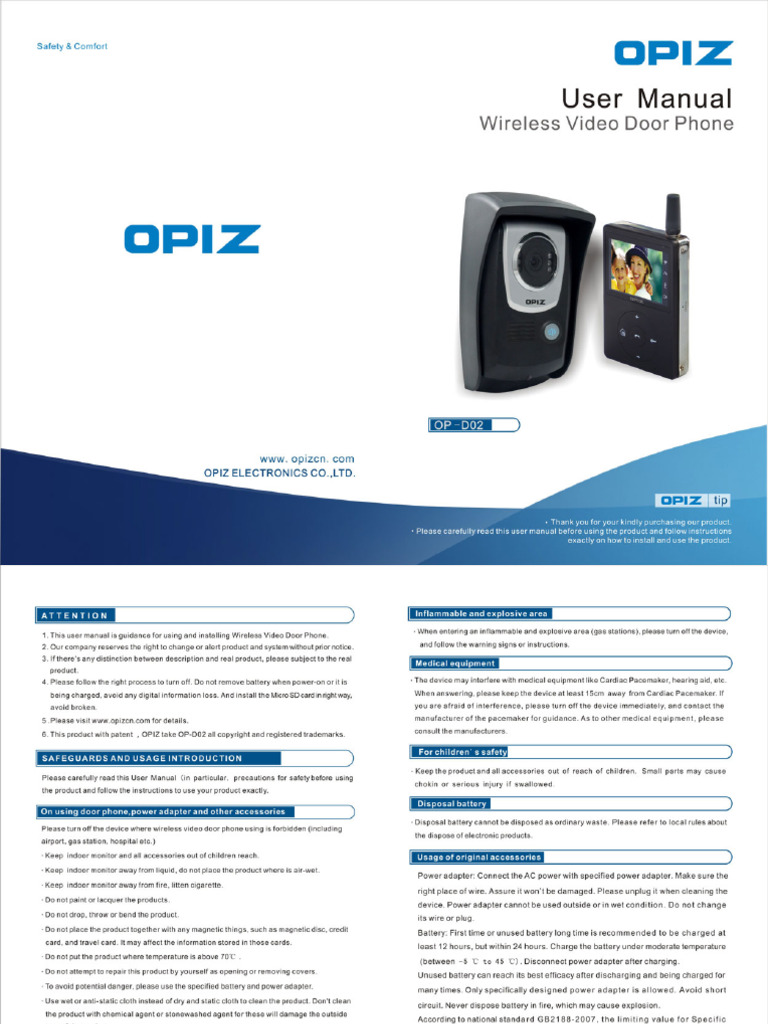 Videointerfon Wireless Color OPIZ | PDF