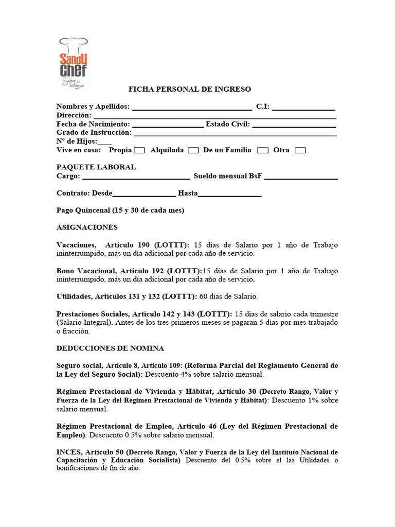 Ficha Personal de Ingreso-1 | PDF | Salario | Economias