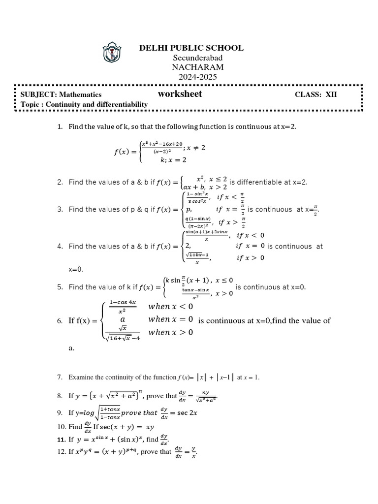Continuity & Differentiability Worksheet | PDF