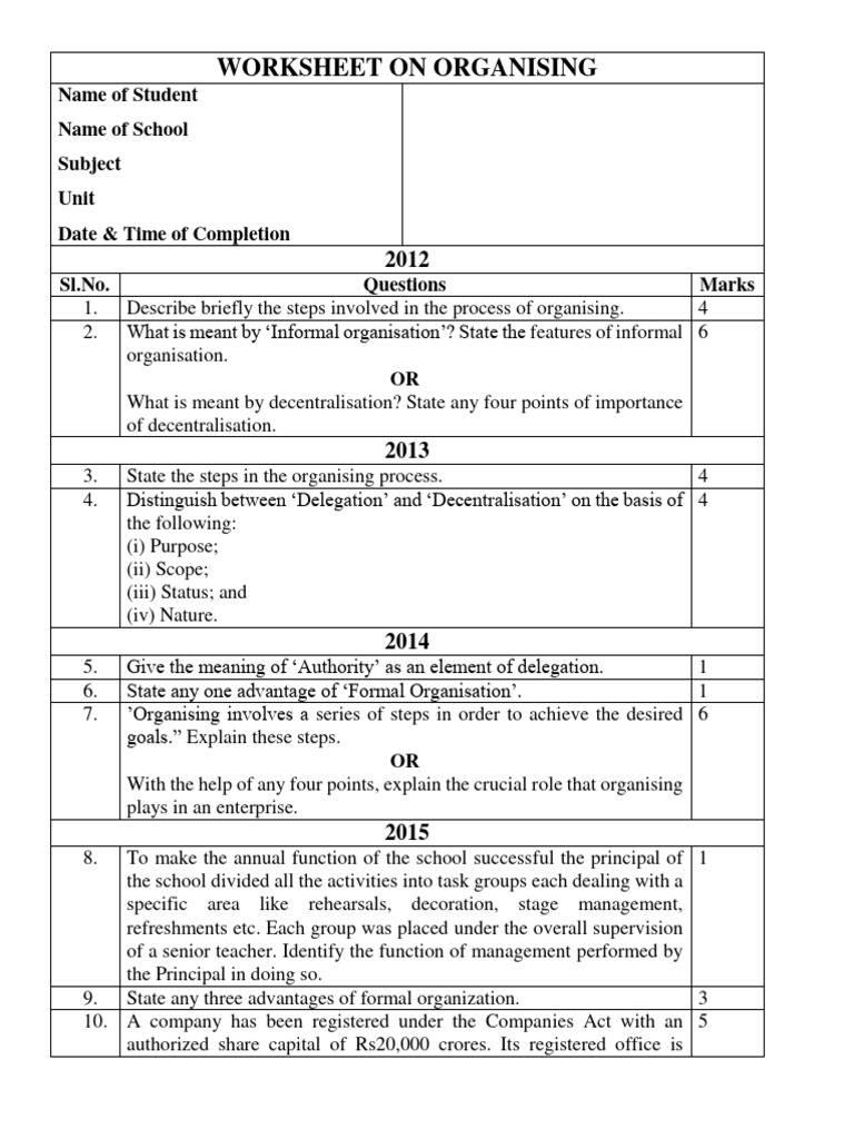 Organising worksheet | PDF | Organizational Structure | Business