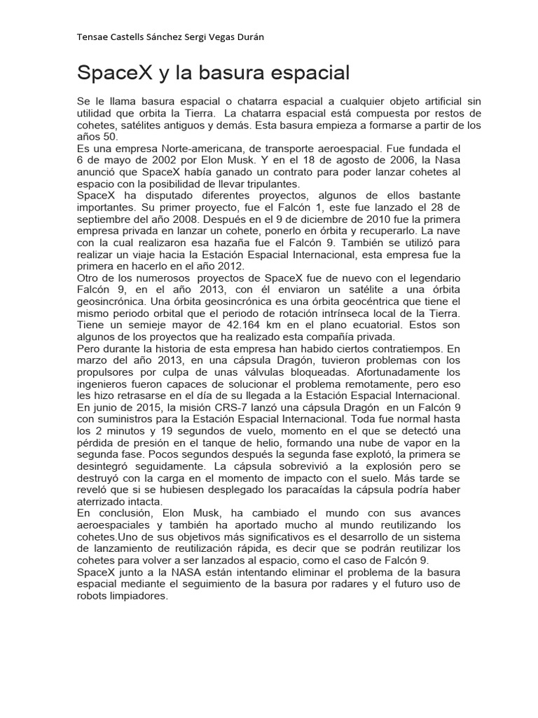 SpaceX y La Basura Espacial | PDF | Espacio X | Space X Dragon