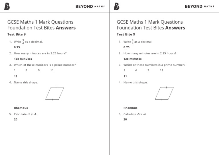 GCSE Maths 1 Mark Questions - Foundation Test Bite 9 (Answers) | PDF
