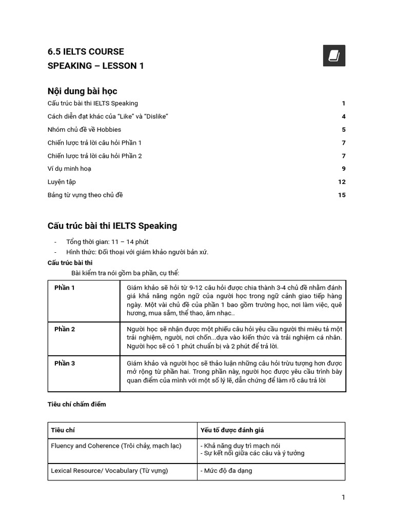 6.5 Ielts Course Speaking - Lesson 1 Nội dung bài học | PDF