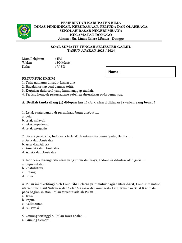 Soal Sumatif Uts Kelas 5 SD Ips & Ipa | PDF