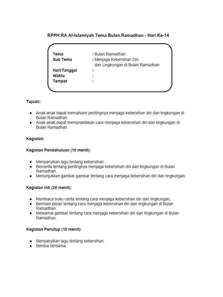 RPPH Tema Bulan Ramadhan - Hari Ke 14 | PDF | Kajian Bahasa Asing