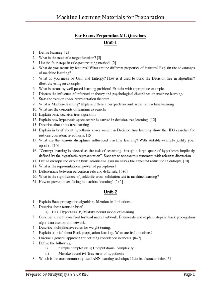 ML Important Questions For Preparation All Units 2022 | PDF | Machine ...