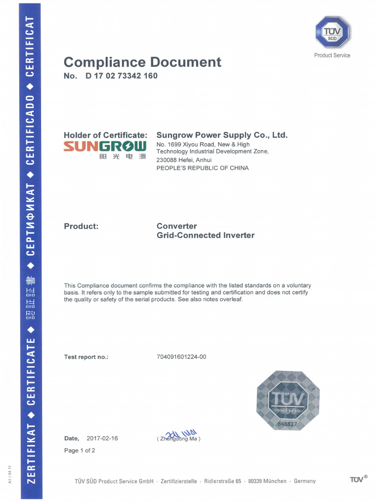SG60KTL IEC 60068_61683_61727_62116 Certificate | PDF